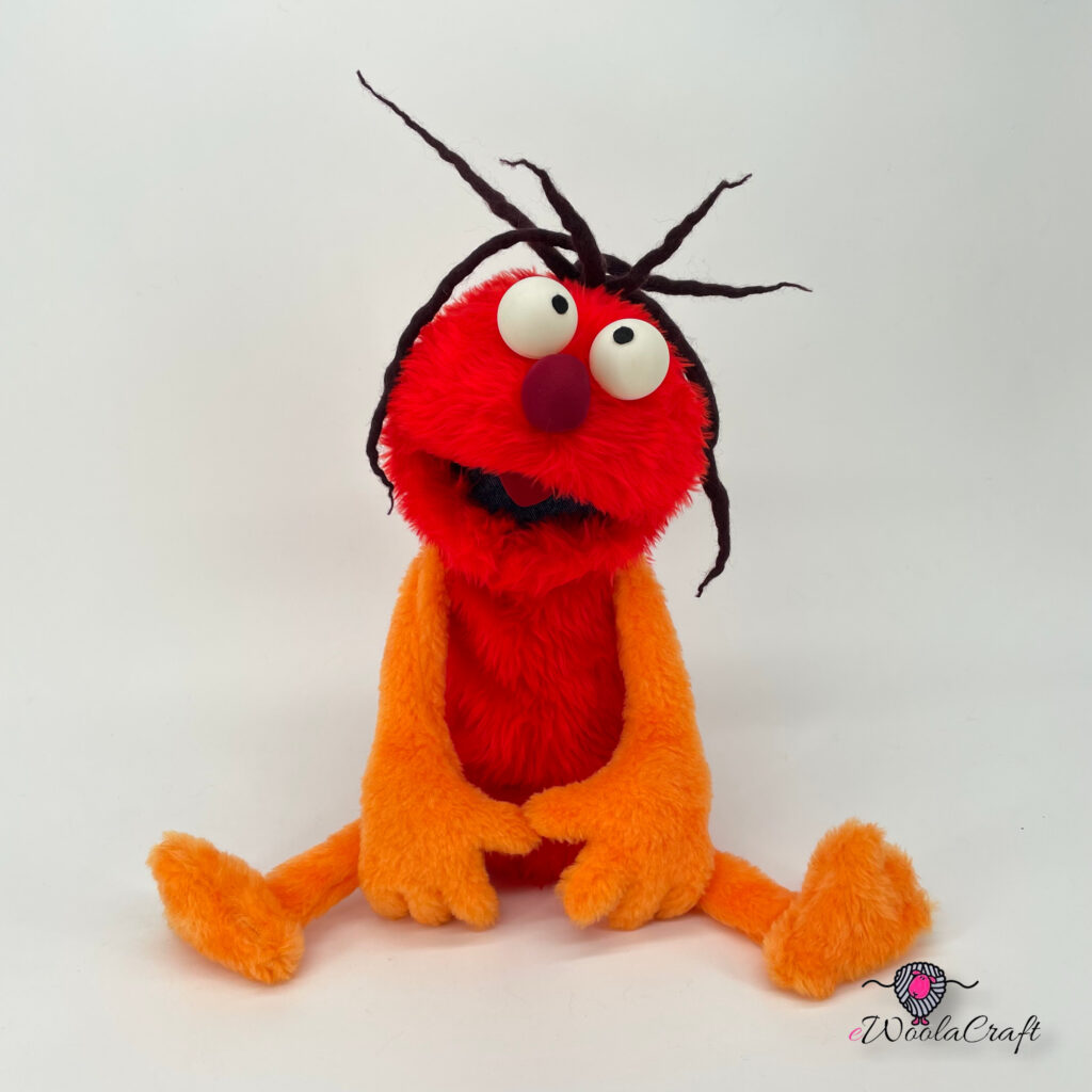 Red Monster with orange accent – hand puppet – ewoolacraft.com